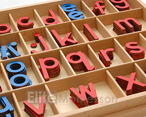 Elite Montessori Wooden Movable Alphabet with Box Preschool Spelling Learning Materials (Red & Blue, 5mm Thick)