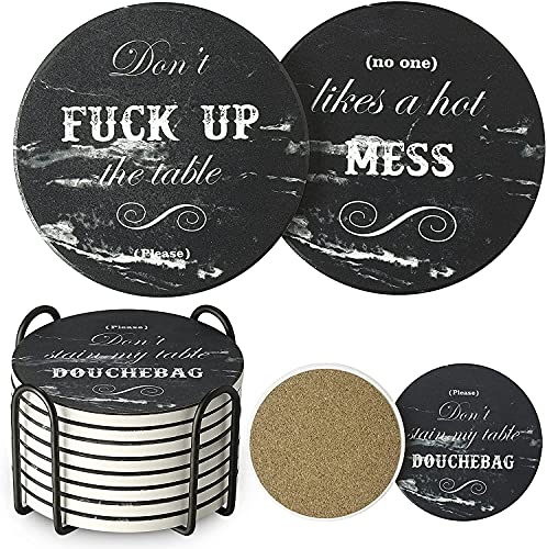 LIFVER Christmas Coasters for Drinks with Holder, Set of 8 Black Marble Style Absorbent Drink Coasters with Cork Base, Ideal for Living Room Decor, Gifts for Men, Bar Coaster with 4 Sayings, 4 inch