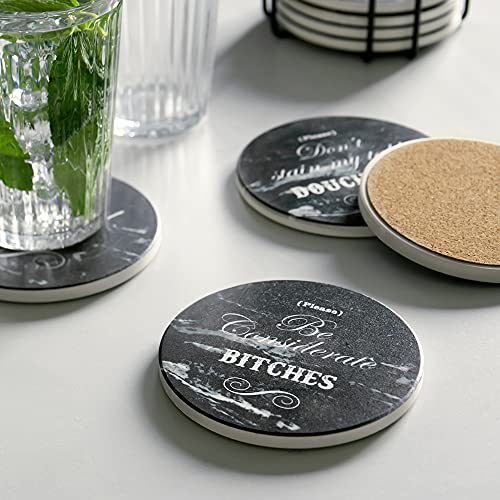 LIFVER Christmas Coasters for Drinks with Holder, Set of 8 Black Marble Style Absorbent Drink Coasters with Cork Base, Ideal for Living Room Decor, Gifts for Men, Bar Coaster with 4 Sayings, 4 inch