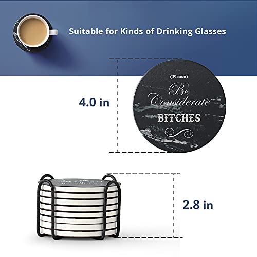 LIFVER Christmas Coasters for Drinks with Holder, Set of 8 Black Marble Style Absorbent Drink Coasters with Cork Base, Ideal for Living Room Decor, Gifts for Men, Bar Coaster with 4 Sayings, 4 inch