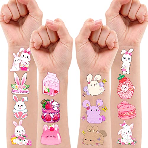 8 Sheets (96PCS) Bunny Tattoo Stickers Themed Birthday Party Supplies Decorations Favors Decor For Kids Girls Boys Gifts Classroom School Prizes Rewards