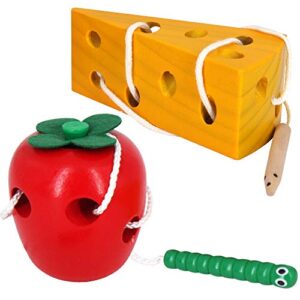 early development toys wooden lacing toys, montessori activity caterpillars eat apple and kids cheese toys, children learning educational wood block puzzles toy for toddlers boys girls