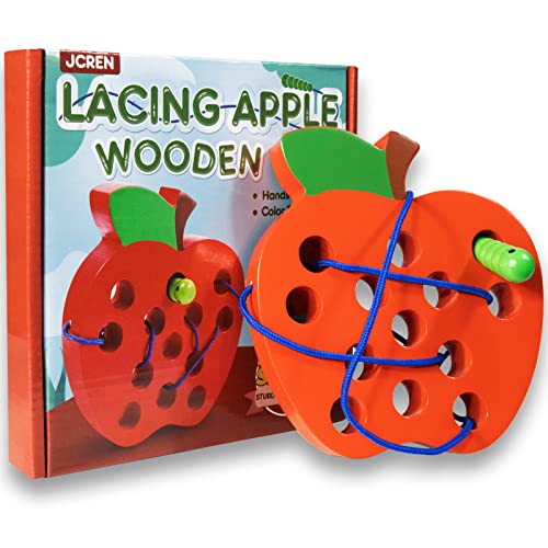 JCREN Wooden Lacing Apple Threading Toys Wood Lace Block Puzzle Shape Travel Game Toys Early Learning Fine Motor Skills Educational Gift for 3 4 5 Years Old Toddlers Baby Kids Boys