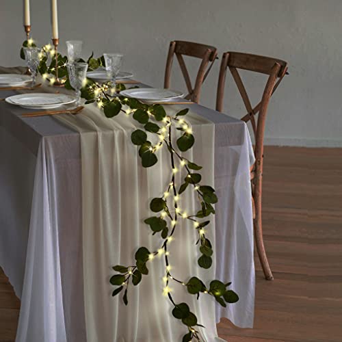 Lighted Eucalyptus Garland Vines with Lights Mantle Garland with Timer Battery Operated 6FT 96 LED for Wedding Decor Fall n Spring Decorations Christmas Fireplace Table Party Decor