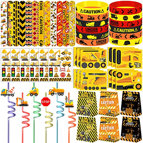 Construction Party Favors 72 PCS Construction Engineering Slap Bracelet Temporary Tattoos Silicone Bracelets DIY Stickers Plastic Straws Gift Bags for Kids Boys Construction Truck Vehicle Theme Birthday Party Goodie Bag Fillers