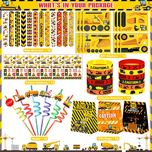 Construction Party Favors 72 PCS Construction Engineering Slap Bracelet Temporary Tattoos Silicone Bracelets DIY Stickers Plastic Straws Gift Bags for Kids Boys Construction Truck Vehicle Theme Birthday Party Goodie Bag Fillers