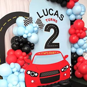 Race Car Balloons Arch Garland Kit 148PCS Red Blue Black Checkered Flag Foil Balloon Racing Car Theme Two Fast 2nd Birthday Party Supplies for Boys