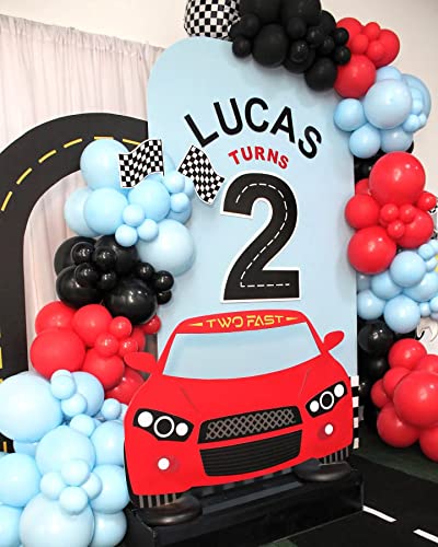 Race Car Balloons Arch Garland Kit 148PCS Red Blue Black Checkered Flag Foil Balloon Racing Car Theme Two Fast 2nd Birthday Party Supplies for Boys