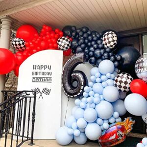 Race Car Balloons Arch Garland Kit 148PCS Red Blue Black Checkered Flag Foil Balloon Racing Car Theme Two Fast 2nd Birthday Party Supplies for Boys