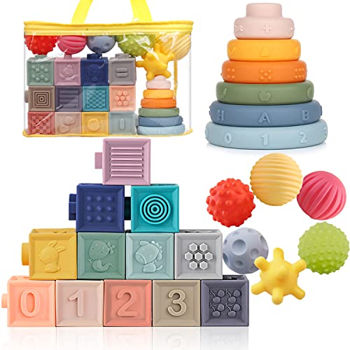 Montessori Toys for Babies Soft Stacking Building Blocks Rings Balls Sets 3 in 1 Soft Baby Toys Bundle for Babies 6-12 Months Sensory Toys for Toddlers 1-3 Teething Bath Toys for Infants Learning Toy