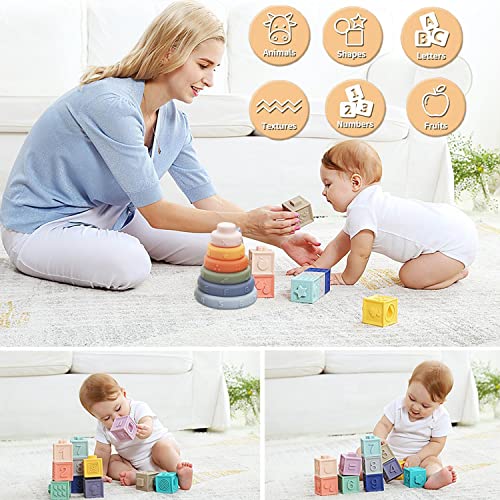 Montessori Toys for Babies Soft Stacking Building Blocks Rings Balls Sets 3 in 1 Soft Baby Toys Bundle for Babies 6-12 Months Sensory Toys for Toddlers 1-3 Teething Bath Toys for Infants Learning Toy