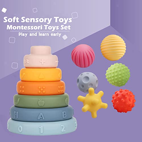 Montessori Toys for Babies Soft Stacking Building Blocks Rings Balls Sets 3 in 1 Soft Baby Toys Bundle for Babies 6-12 Months Sensory Toys for Toddlers 1-3 Teething Bath Toys for Infants Learning Toy