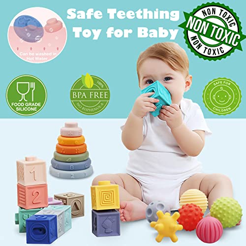 Montessori Toys for Babies Soft Stacking Building Blocks Rings Balls Sets 3 in 1 Soft Baby Toys Bundle for Babies 6-12 Months Sensory Toys for Toddlers 1-3 Teething Bath Toys for Infants Learning Toy