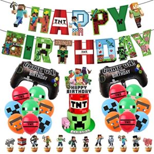 pixel themed birthday party supplies, pixel style birthday banner, gamer balloons, pixel cake and cupcake toppers for boys miner video game theme party decorations