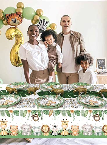 Safari Baby Shower Decorations Boy Plates Napkins and Tablecloth Set Serves 25,Jungle Animal Theme Birthday Party Supplies