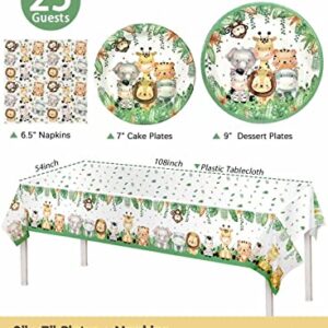 Safari Baby Shower Decorations Boy Plates Napkins and Tablecloth Set Serves 25,Jungle Animal Theme Birthday Party Supplies