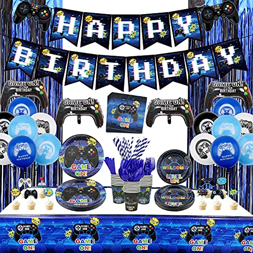 Video Game Party Supplies Set Birthday Decoration for Boys - Including HAPPY BIRTHDAY Gamer Banner, Controller Balloons, Fringe Curtains, Plates, Cups, Napkins, Tableware, Tablecloth, Balloons - Serves 20