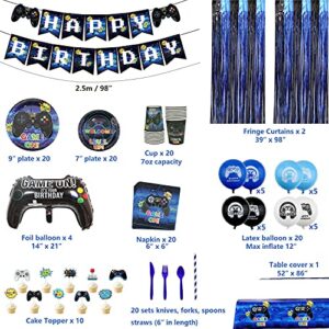 Video Game Party Supplies Set Birthday Decoration for Boys - Including HAPPY BIRTHDAY Gamer Banner, Controller Balloons, Fringe Curtains, Plates, Cups, Napkins, Tableware, Tablecloth, Balloons - Serves 20