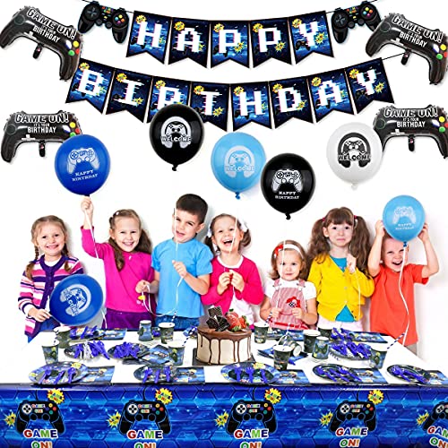 Video Game Party Supplies Set Birthday Decoration for Boys - Including HAPPY BIRTHDAY Gamer Banner, Controller Balloons, Fringe Curtains, Plates, Cups, Napkins, Tableware, Tablecloth, Balloons - Serves 20