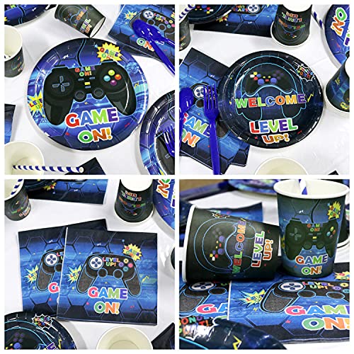 Video Game Party Supplies Set Birthday Decoration for Boys - Including HAPPY BIRTHDAY Gamer Banner, Controller Balloons, Fringe Curtains, Plates, Cups, Napkins, Tableware, Tablecloth, Balloons - Serves 20