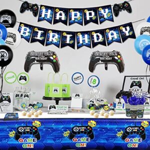 Video Game Party Supplies Set Birthday Decoration for Boys - Including HAPPY BIRTHDAY Gamer Banner, Controller Balloons, Fringe Curtains, Plates, Cups, Napkins, Tableware, Tablecloth, Balloons - Serves 20