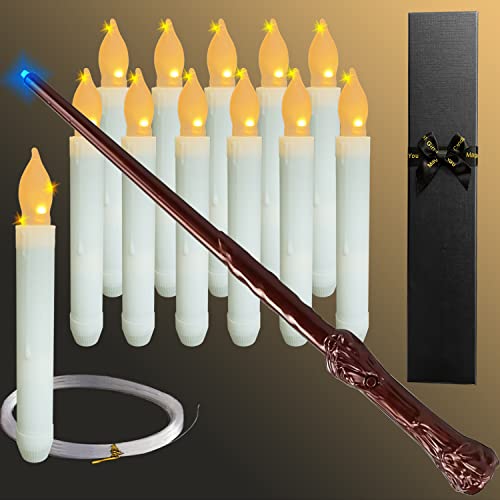 Battery Operated Flameless flickering Harry hanging Up Potter Taper Floating Fake Candles with Magic Wand Remote,LED Electric Window Candle Light Decor for Halloween,Christmas, Wedding, Birthday Party