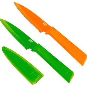 Kuhn Rikon COLORI+ Non-Stick Straight and Serrated Paring Knives with Safety Sheaths, Set of 2, Orange and Green