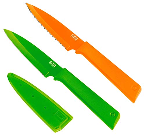 Kuhn Rikon COLORI+ Non-Stick Straight and Serrated Paring Knives with Safety Sheaths, Set of 2, Orange and Green