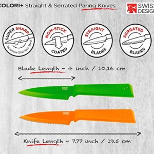 Kuhn Rikon COLORI+ Non-Stick Straight and Serrated Paring Knives with Safety Sheaths, Set of 2, Orange and Green