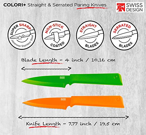 Kuhn Rikon COLORI+ Non-Stick Straight and Serrated Paring Knives with Safety Sheaths, Set of 2, Orange and Green