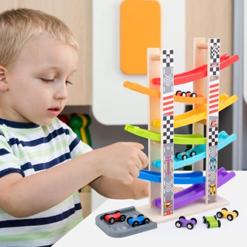 WOOD CITY Toddler Toys for 1 2 3 Years Old, Wooden Car Ramp Racer Toy Vehicle Set with 7 Mini Cars & Race Tracks, Montessori Toys for Toddlers Boys Girls Gift