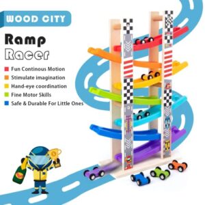 WOOD CITY Toddler Toys for 1 2 3 Years Old, Wooden Car Ramp Racer Toy Vehicle Set with 7 Mini Cars & Race Tracks, Montessori Toys for Toddlers Boys Girls Gift