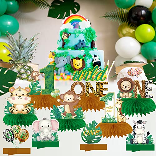 Wild One Birthday Decorations Honeycomb Centerpieces for Baby Boy Girls, Jungle Safari Theme 1st Birthday Table Centerpieces Party Supplies, Safari Animal First Birthday Table Topper Sign Decor