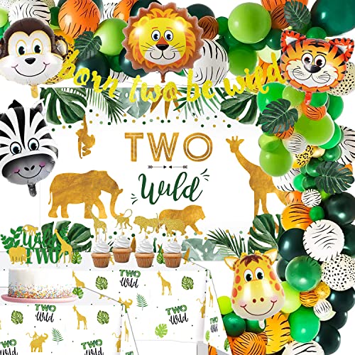 NAIWOXI Two Wild Birthday Decorations - Safari Jungle Theme 2nd Birthday Party Supplies Includes Banner, Backdrop, Balloons Arch, Tablecloth, Topper, Two Wild Jungle Safari Theme Party Decorations