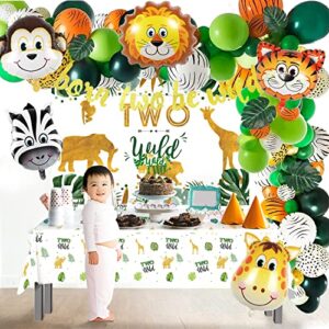 NAIWOXI Two Wild Birthday Decorations - Safari Jungle Theme 2nd Birthday Party Supplies Includes Banner, Backdrop, Balloons Arch, Tablecloth, Topper, Two Wild Jungle Safari Theme Party Decorations