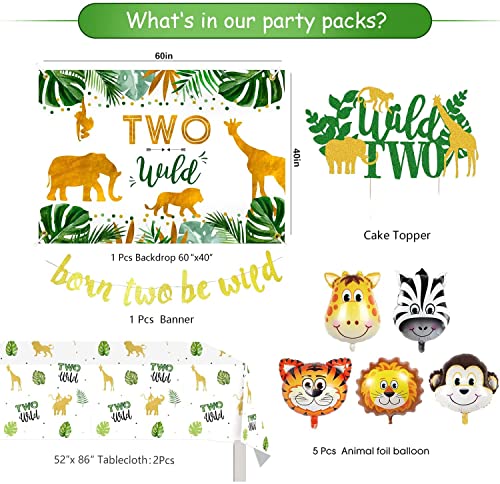 NAIWOXI Two Wild Birthday Decorations - Safari Jungle Theme 2nd Birthday Party Supplies Includes Banner, Backdrop, Balloons Arch, Tablecloth, Topper, Two Wild Jungle Safari Theme Party Decorations