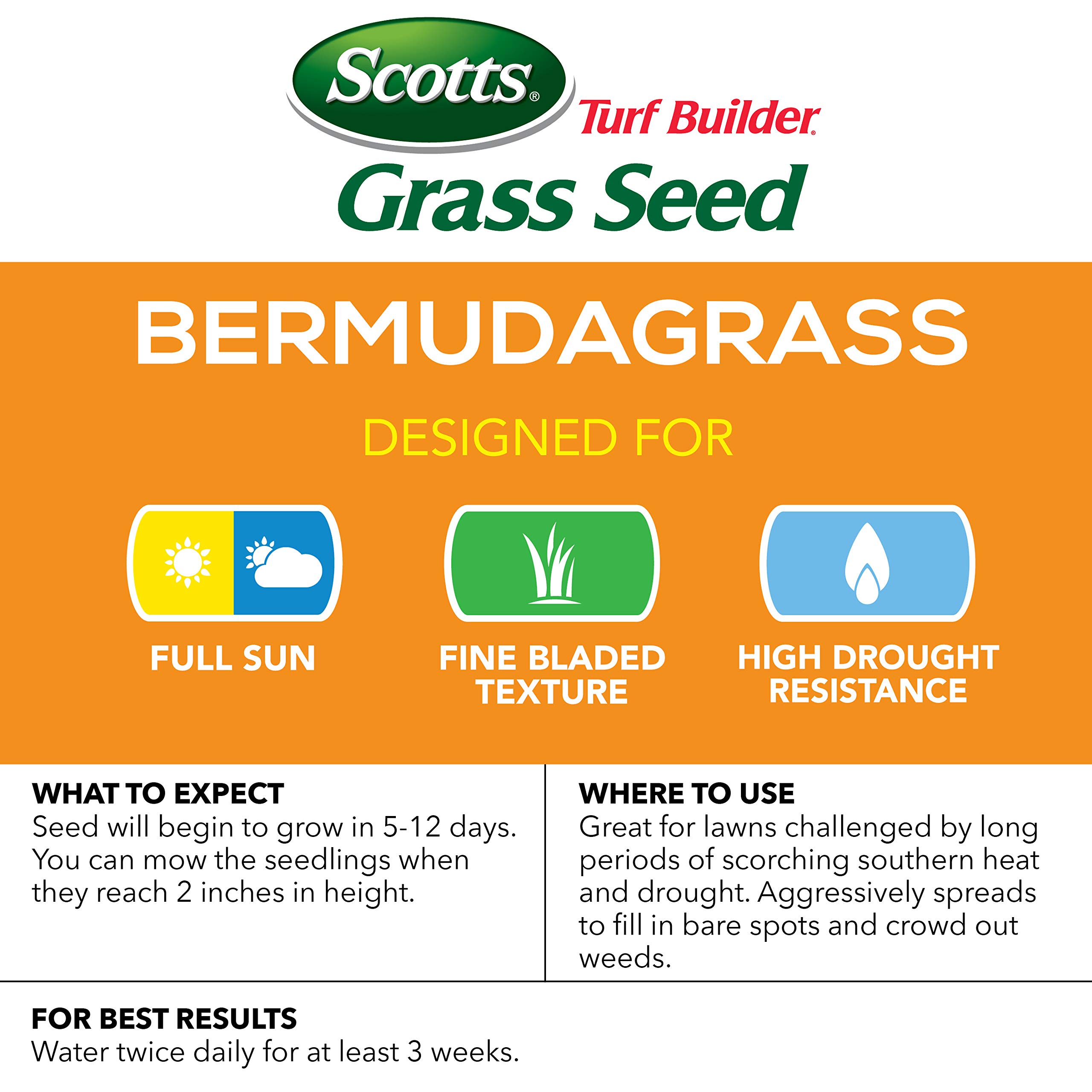 Scotts Turf Builder Grass Seed Bermudagrass, Mix for Full Sun, Built to Stand Up to Heat & Drought, 1 lb.