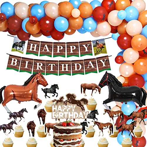 Horse Birthday Party Decorations, Cowboy Birthday Party Supplies for Boys - Horse Racing Theme Happy Birthday Banner Cake Cupcake Toppers Brown Blue Balloon Garland Arch Wild Horse Foil Balloons