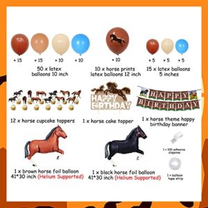 Horse Birthday Party Decorations, Cowboy Birthday Party Supplies for Boys - Horse Racing Theme Happy Birthday Banner Cake Cupcake Toppers Brown Blue Balloon Garland Arch Wild Horse Foil Balloons