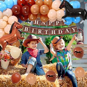 Horse Birthday Party Decorations, Cowboy Birthday Party Supplies for Boys - Horse Racing Theme Happy Birthday Banner Cake Cupcake Toppers Brown Blue Balloon Garland Arch Wild Horse Foil Balloons