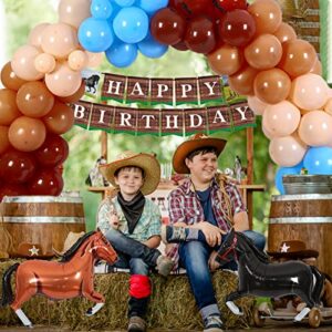 Horse Birthday Party Decorations, Cowboy Birthday Party Supplies for Boys - Horse Racing Theme Happy Birthday Banner Cake Cupcake Toppers Brown Blue Balloon Garland Arch Wild Horse Foil Balloons