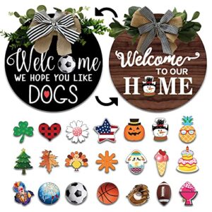 welcome sign for front door interchangeable sign for fall decor farmhouse decor with 21 pairs of interchangeable seasonal holiday icons,suitable for valentine's st. patrick's easter halloween thanksgiving christmas new year,fun diy wood reversible door si