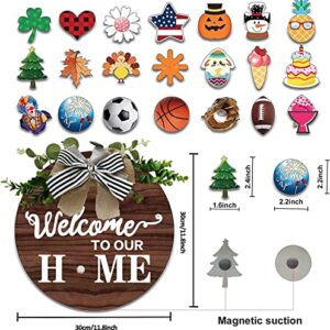 Welcome Sign for Front Door Interchangeable Sign for Fall Decor Farmhouse Decor with 21 pairs of Interchangeable Seasonal Holiday Icons,Suitable for Valentine's St. Patrick's Easter Halloween Thanksgiving Christmas New Year,Fun DIY Wood Reversible Door Si