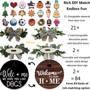 Welcome Sign for Front Door Interchangeable Sign for Fall Decor Farmhouse Decor with 21 pairs of Interchangeable Seasonal Holiday Icons,Suitable for Valentine's St. Patrick's Easter Halloween Thanksgiving Christmas New Year,Fun DIY Wood Reversible Door Si