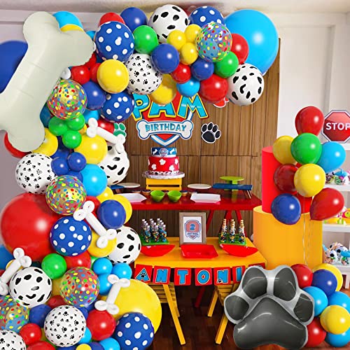 Amandir 155pcs Paw Balloons Garland Arch Kit with Bone & Paw Print Foil Balloons Red Yellow Blue Puppy Paw Latex Balloon for Dog Patrol Themed Birthday Party Decorations Baby Shower Supplies Boys Kids