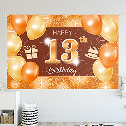 Happy 13th Birthday Backdrop Banner Decor Orange – Glitter Dots 13 Years Old Birthday party Theme Decorations for Girls Boys Supplies