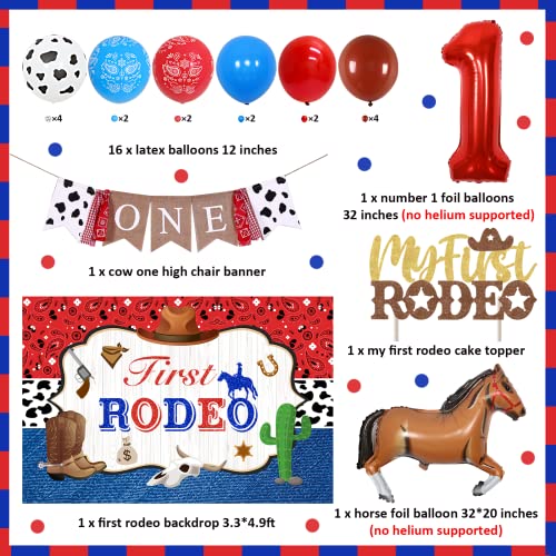 Cowboy 1st Birthday Decorations, First Rodeo Birthday Party Decor Blue, First Rodeo Birthday Backdrop Western Theme Balloons, Cow One High Chair Banner for Western Cowboy Birthday Party Supplies