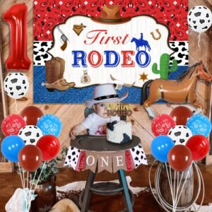 Cowboy 1st Birthday Decorations, First Rodeo Birthday Party Decor Blue, First Rodeo Birthday Backdrop Western Theme Balloons, Cow One High Chair Banner for Western Cowboy Birthday Party Supplies