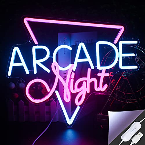 Looklight Arcade Night Neon Sign Game Room Decor,Light Blue Pink Led Neon Sign for Game Room USB Powered Led Sign Wall Decor for Room Party Gift， Aesthetic Room Decor,Arcade Decor,Gamer Room Decor