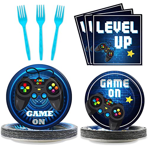 gisgfim 96 Pcs Video Game Party Supplies Paper Plates Napkins Gaming Party Birthday Decorations Favors for Kids Gaming Serves 24